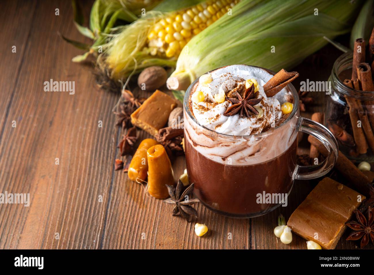 Mexican Champurrado, atole de cacao. Corn Chocolate hot spicy drink ...