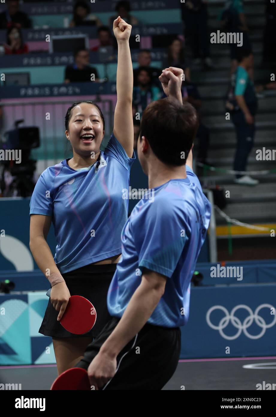 Paris, France. 30th July, 2024. South Korean Lim Jong-Hoon and Shin Yu-bin celebrate against ...