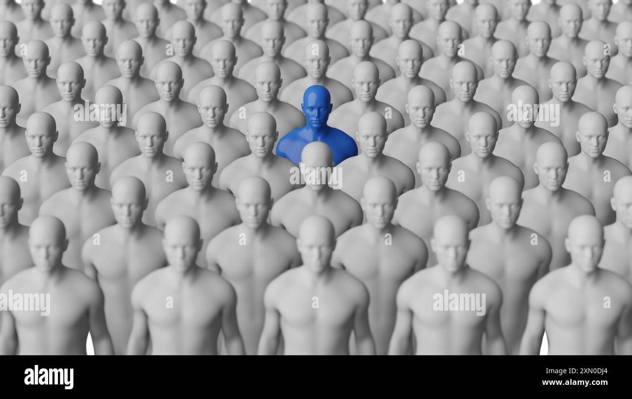 Distinct Blue Figure Among White Mannequins in a Crowd. Conceptual ...