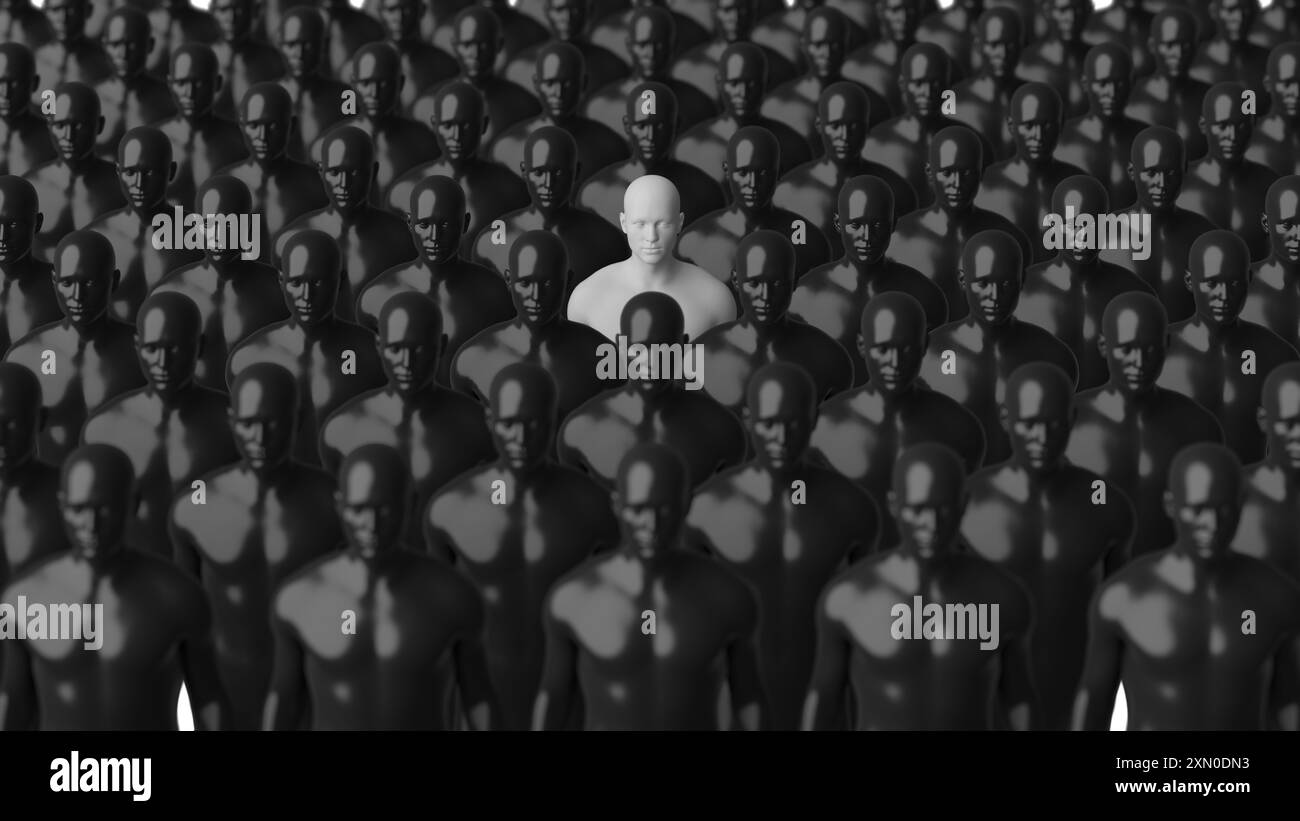 Distinct White Figure Among Black Mannequins in a Crowd. Conceptual ...