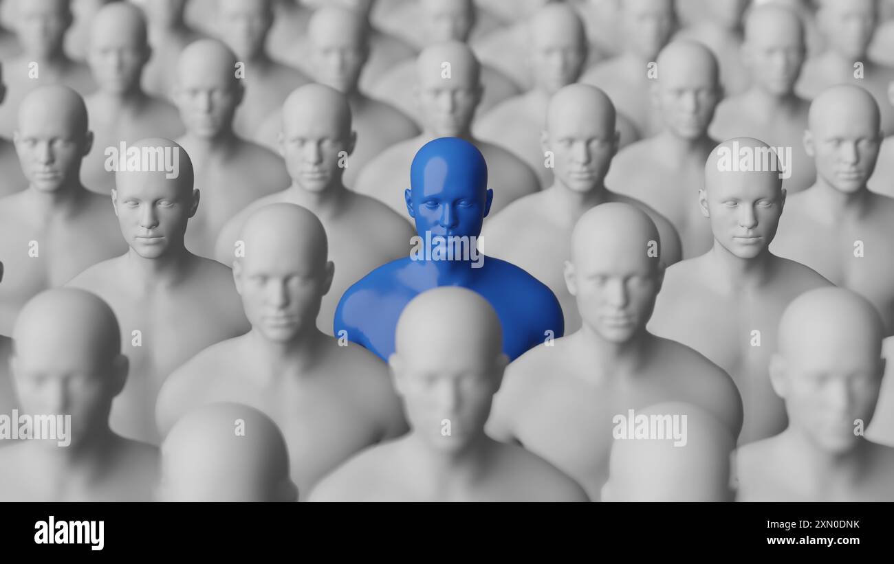 Distinct Blue Figure Among White Mannequins in a Crowd. Conceptual ...