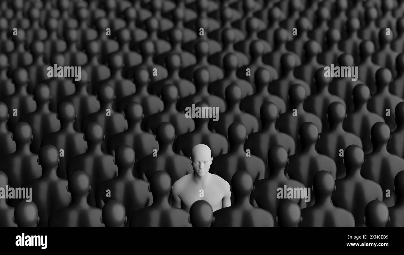 White Figure Standing Out in Crowd of Dark Figures. Conceptual ...