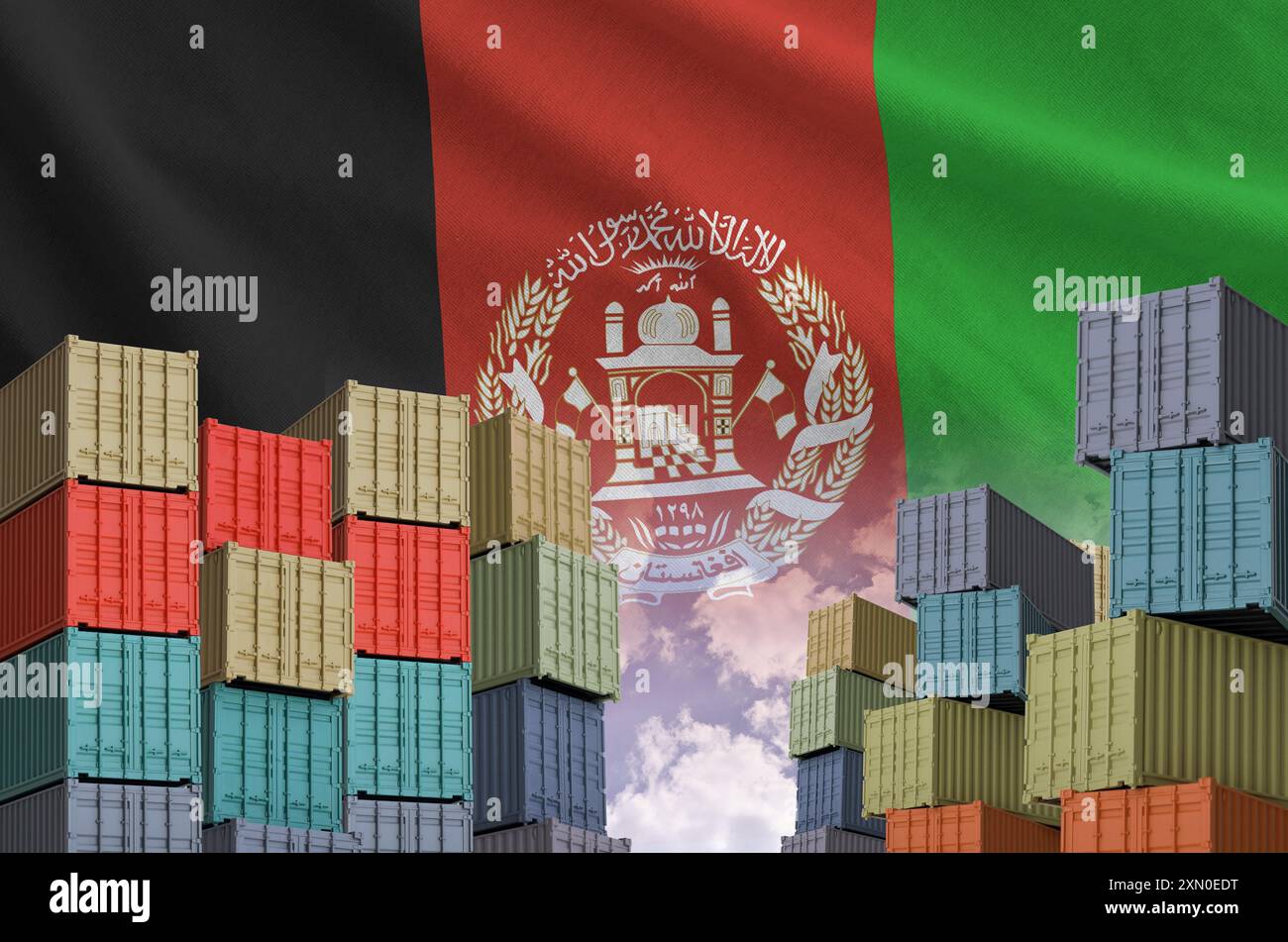 Afghanistan flag and big stack of shipping cargo containers in docks ...
