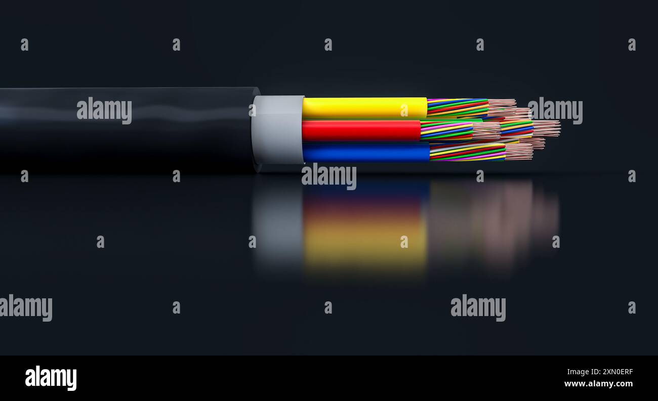 Electric cable colorful copper wires dark reflective surface 3d Stock ...