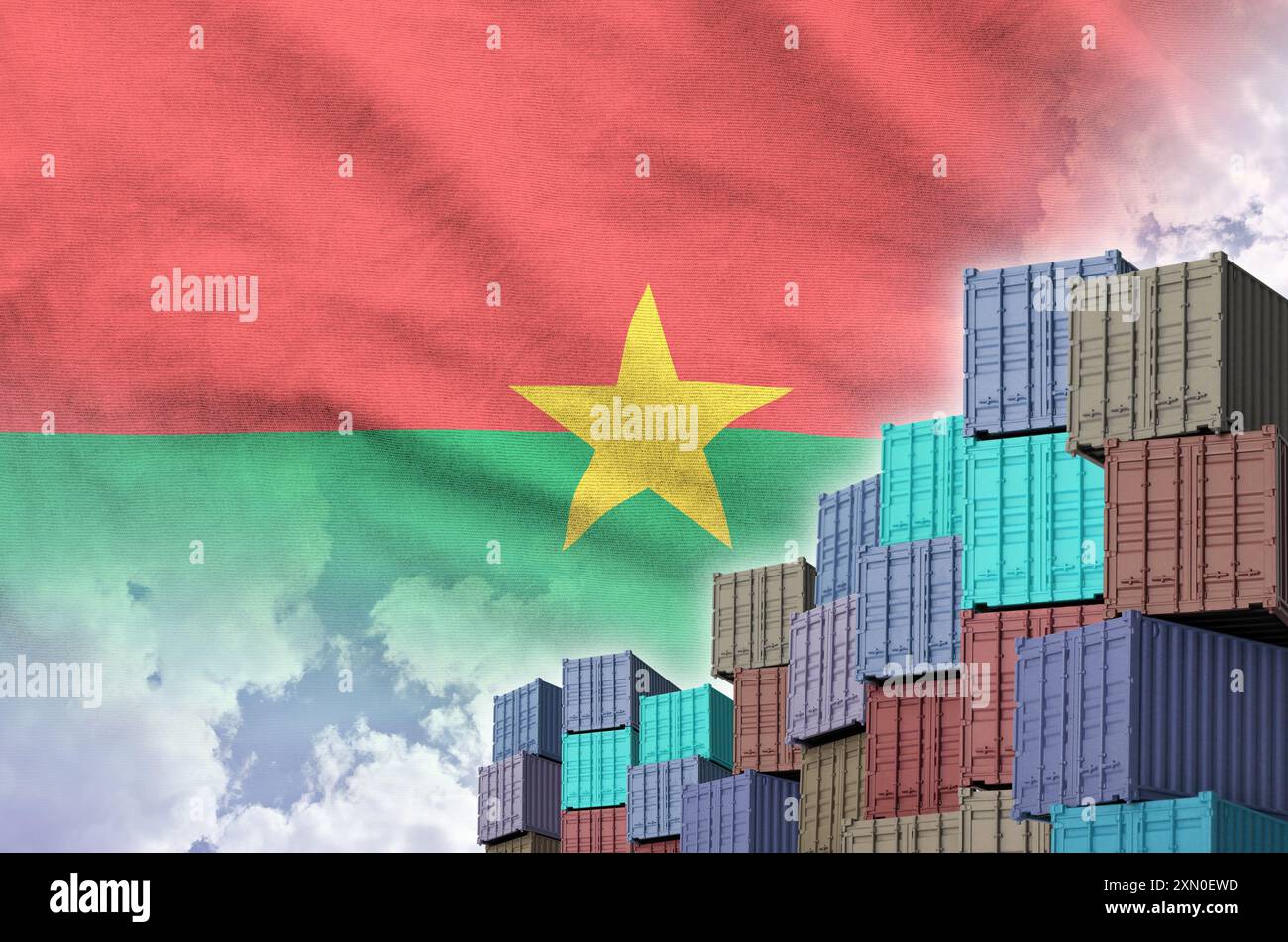 Burkina Faso flag and big stack of shipping cargo containers in docks ...