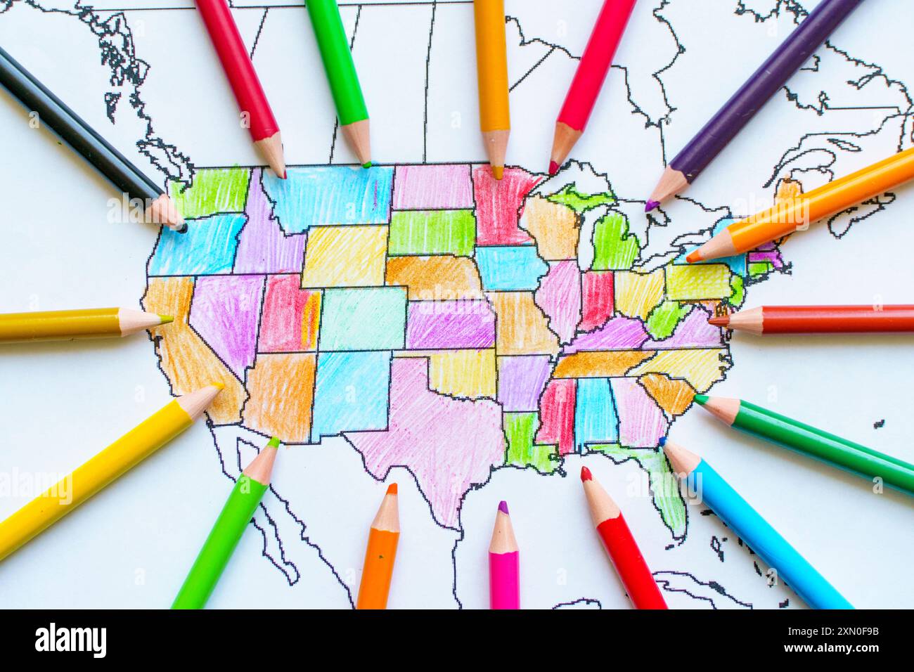 Drawn Map of the USA. Colored Map of America for Kids with Pencils ...
