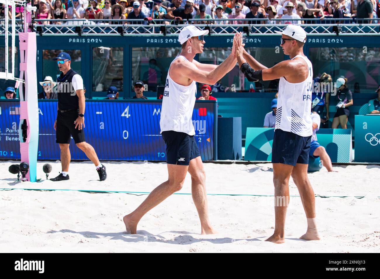 Paris, France. 30th July, 2024. Andrew Benesh and Miles Partain (USA), Beach Volleyball, Men's ...