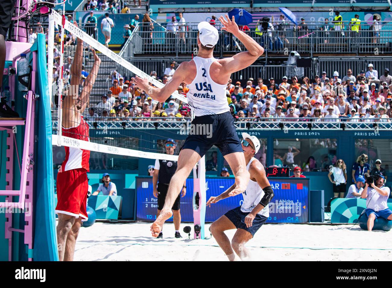 Paris, France. 30th July, 2024. Andrew Benesh (USA), Beach Volleyball, Men's Preliminary Phase ...