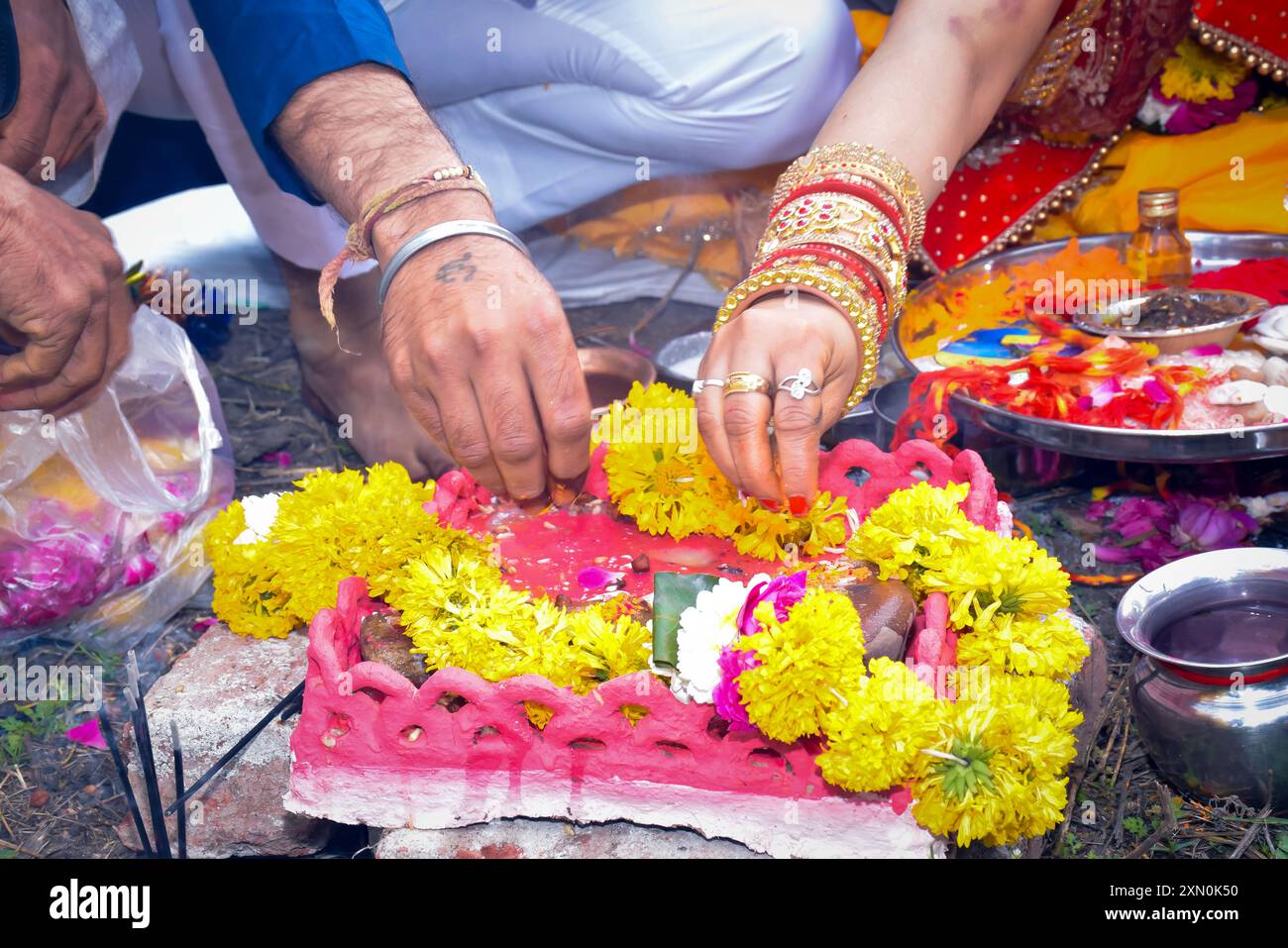 Indian Hindu wedding and pre-wedding rituals, puja material and praying ...