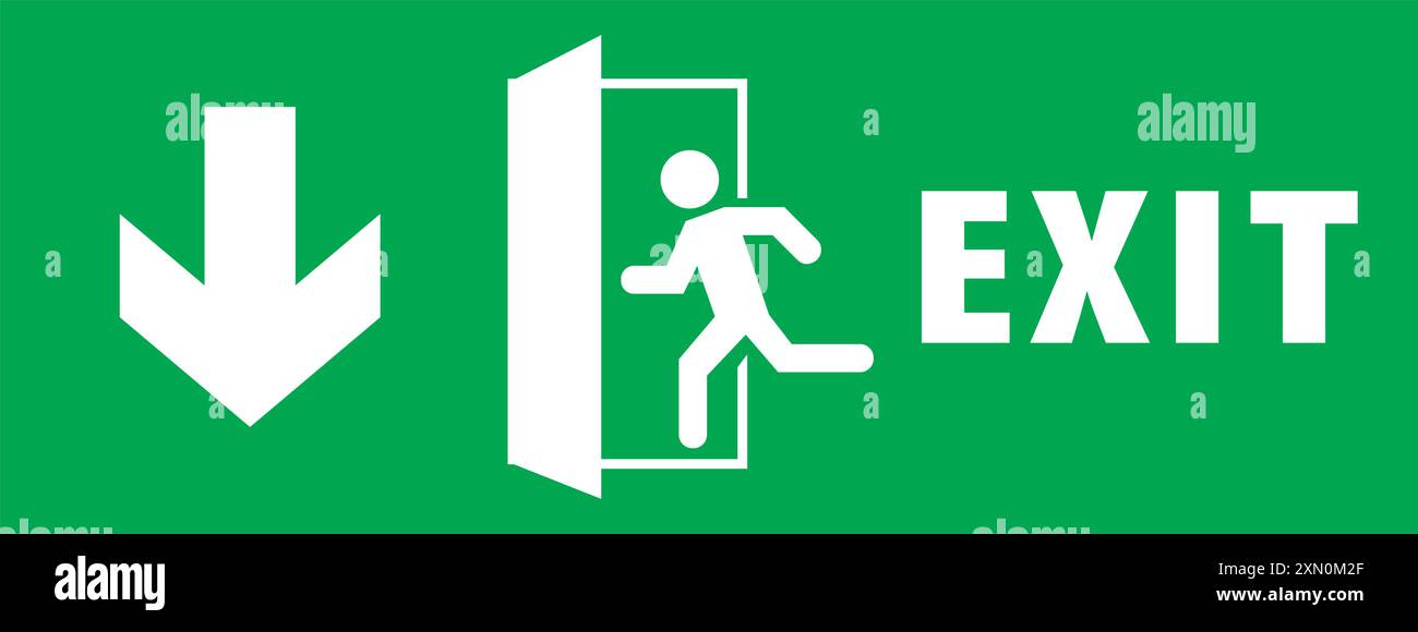 Emergency exit sign, running man icon to door, warning sign plate ... Emergency exit sign, running man icon to door, warning sign plate ...