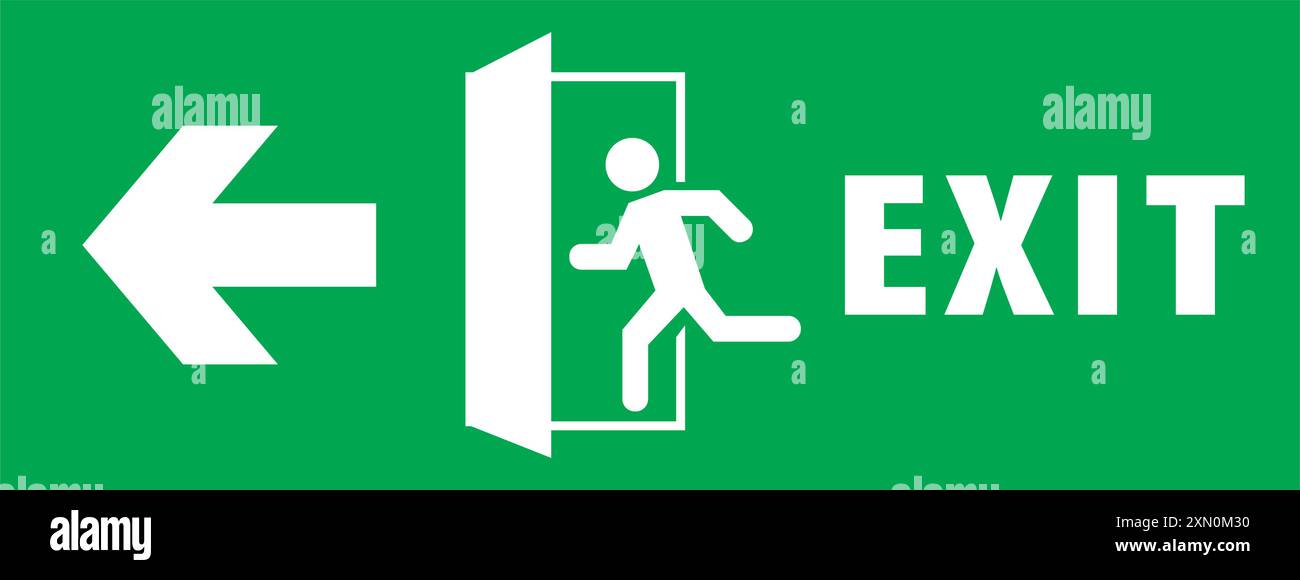 Emergency exit sign, running man icon to door, warning sign plate ...