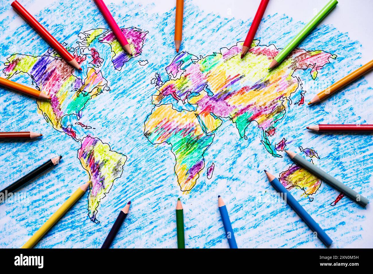 Color drawing world map with colored pencils for children and kids ...