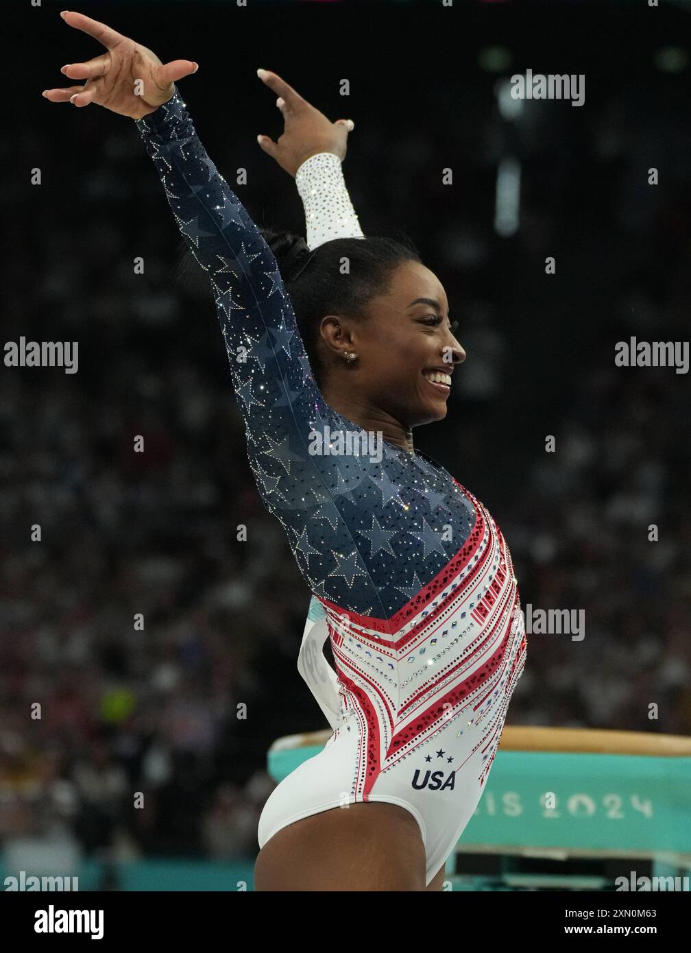 Paris, France. 30th July, 2024. Simone Biles of the U.S. reacts after ...