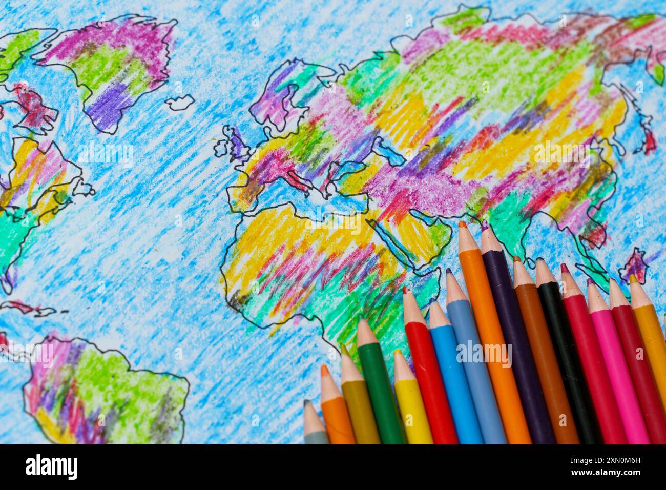 Color drawing world map with colored pencils for children and kids ...