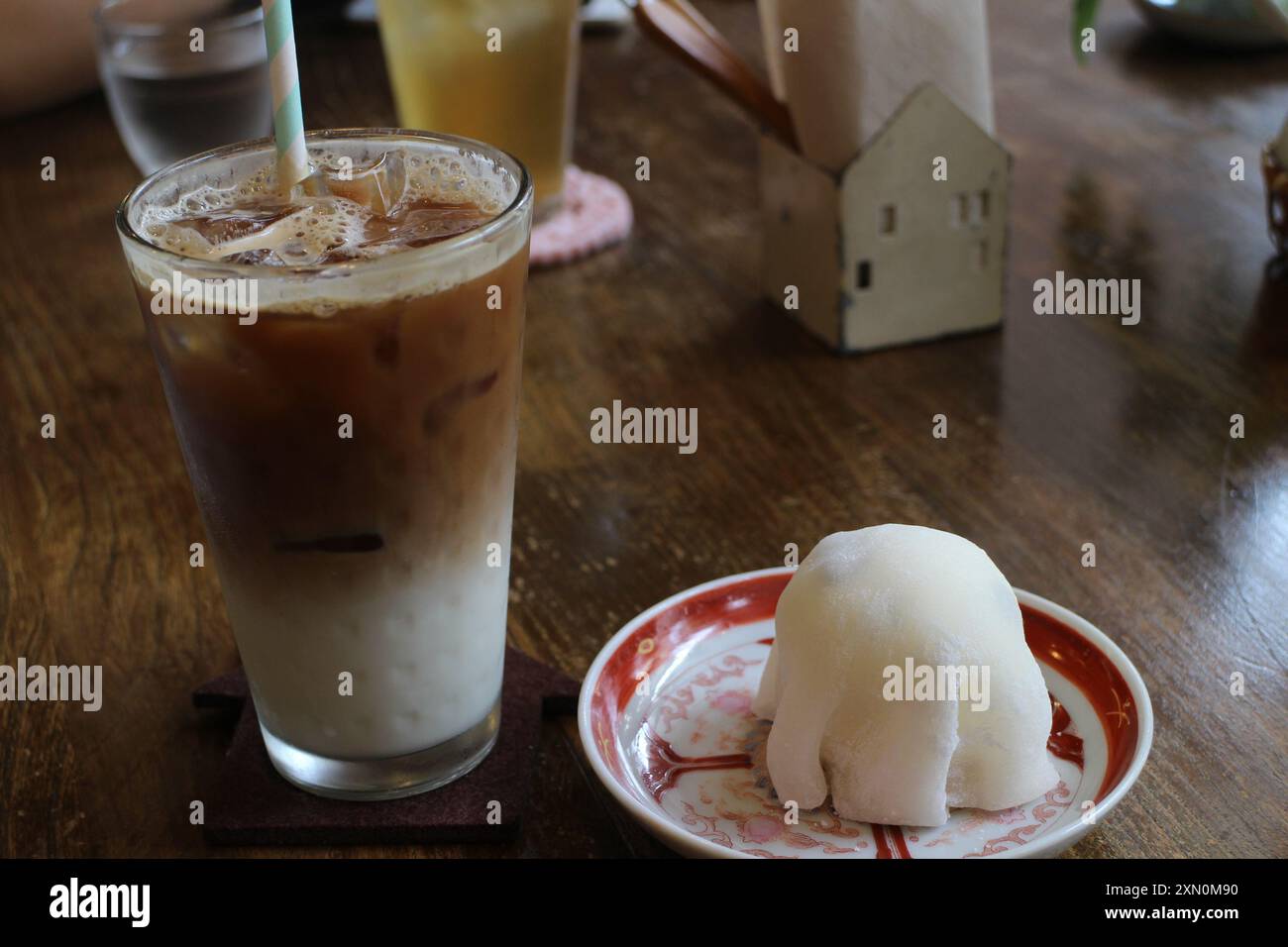 Iced cafe latte and Wagashi (Japanese sweets) in Kyoto, Japan Stock ...