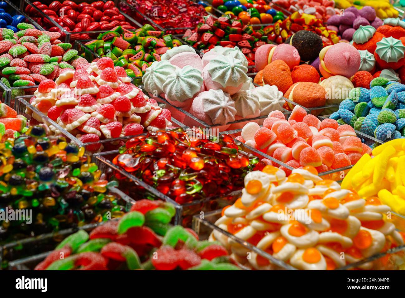 Various bright colors and taste candy assortment at market in Barcelona ...