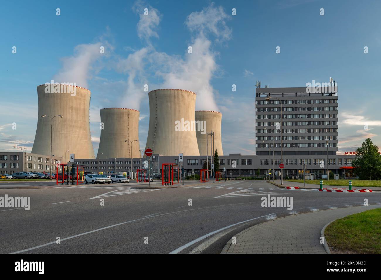 Car park near nuclear power plant in summer sunset in Temelin CZ 07 26 ...