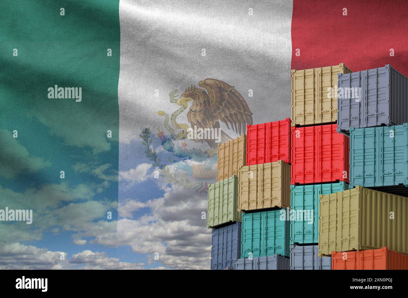 Mexico flag and big stack of shipping cargo containers in docks with ...