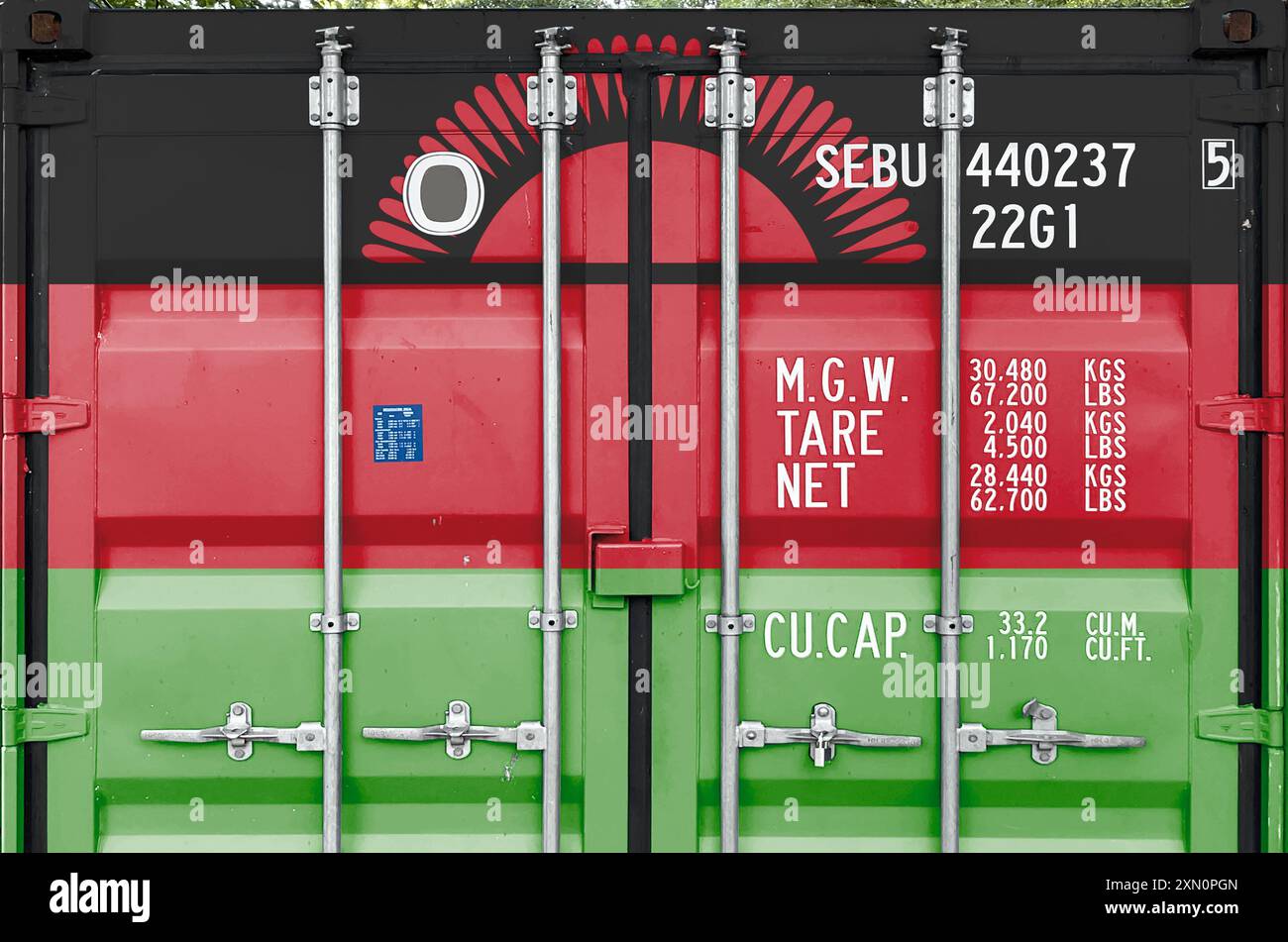 Malawi flag depicted on metal doors of shipping cargo container ...