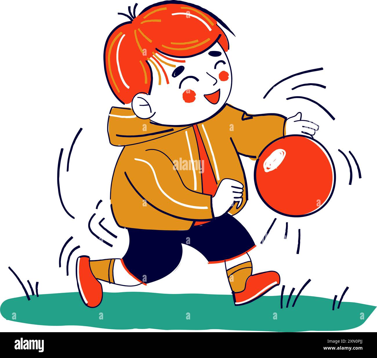 Happy boy is playing with a ball. Naive child drawing doodle style ...