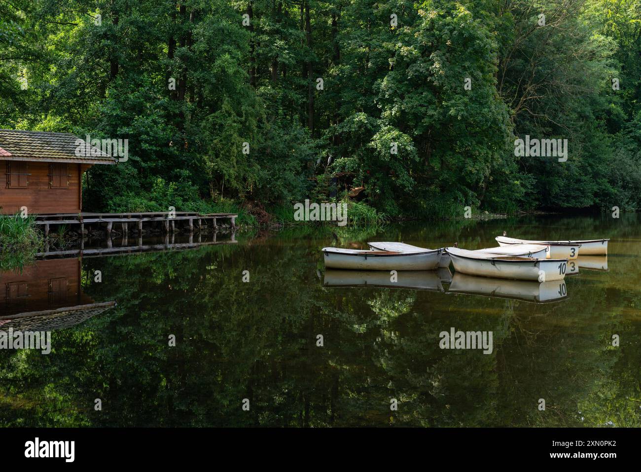 Calm waters reflect the surrounding trees as small boats rest ...