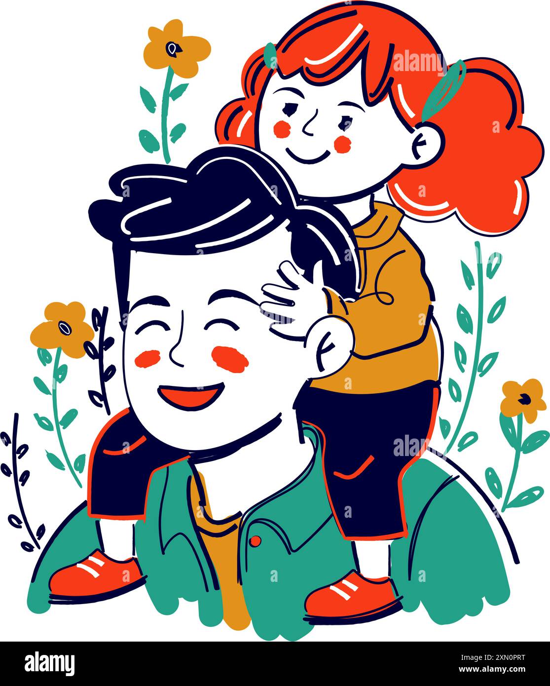 Happy daughter sitting on father's shoulders. Naive child drawing ...