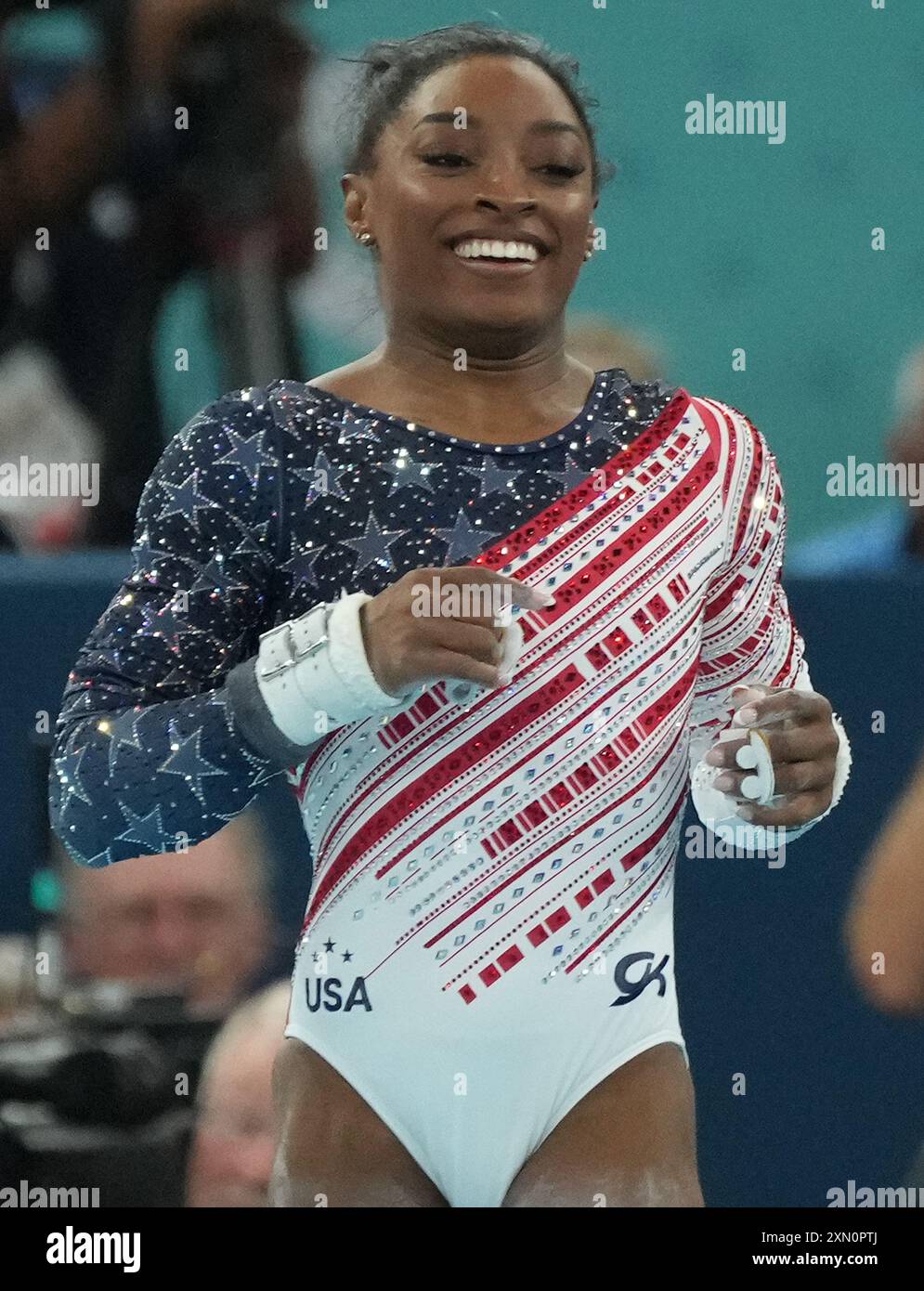 Paris, France. 30th July, 2024. Simone Biles of the U.S. smiles after ...