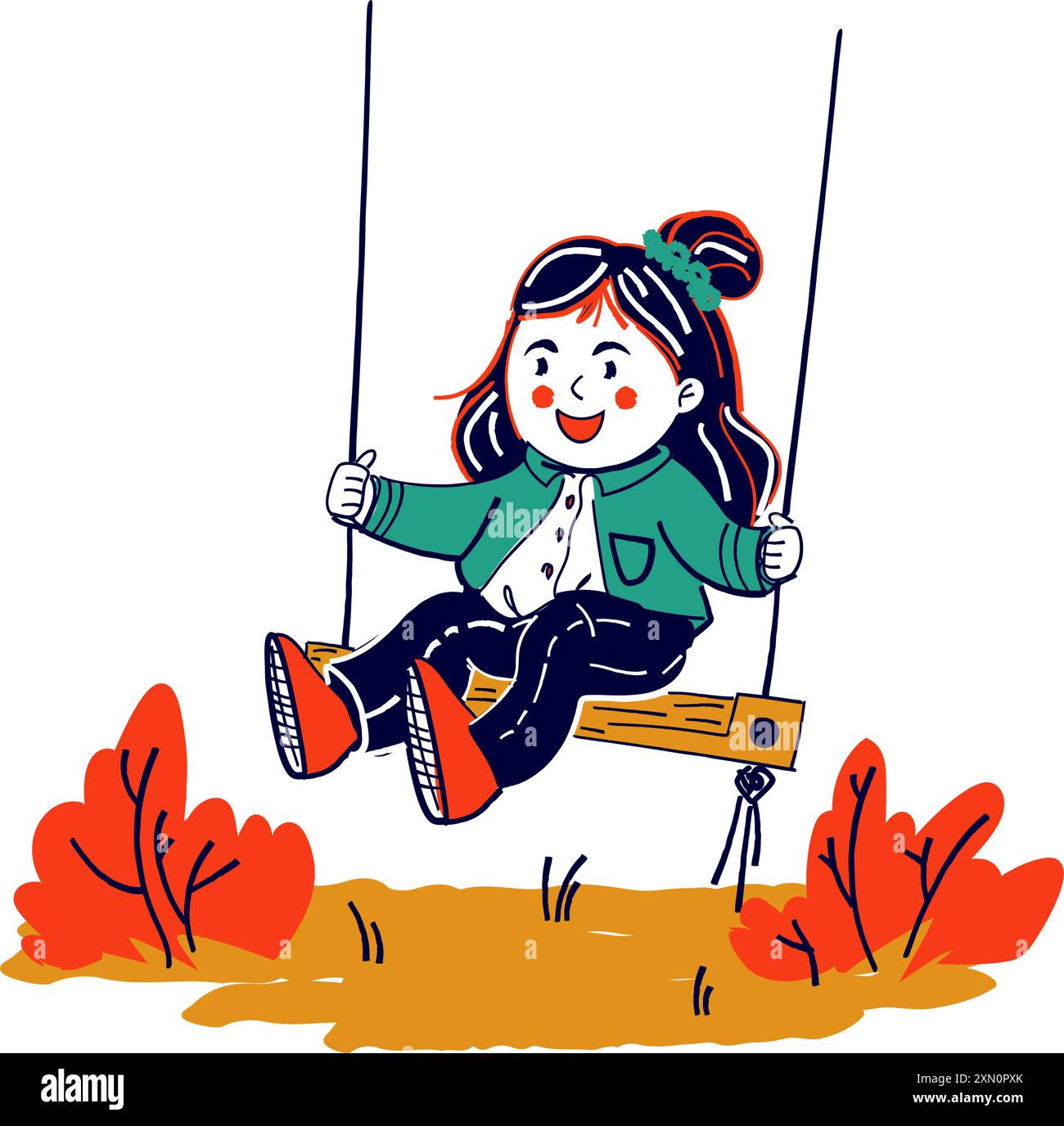 Happy girl is swinging. Naive child drawing doodle style vector ...