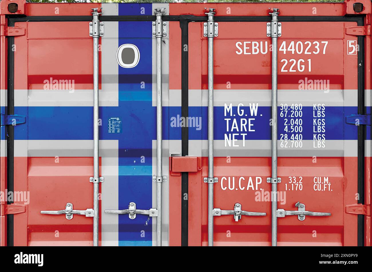 Norway flag depicted on metal doors of shipping cargo container ...