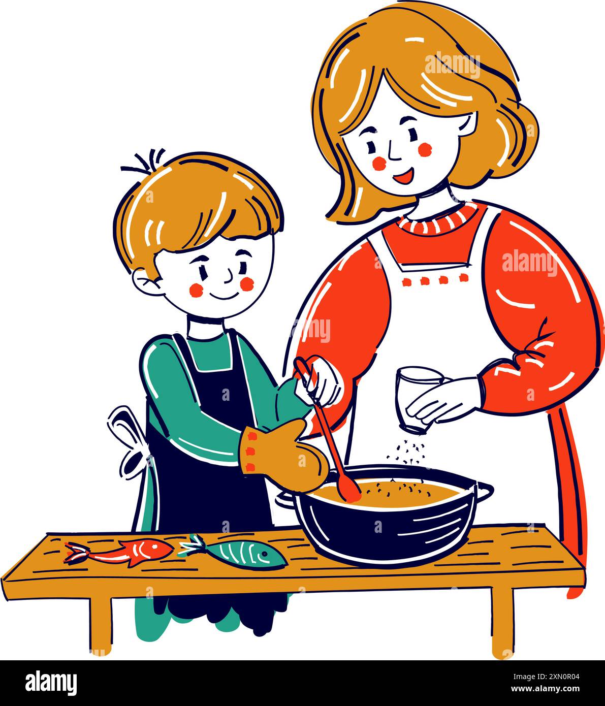 Happy boy is cooking with his mother. Naive child drawing doodle style ...