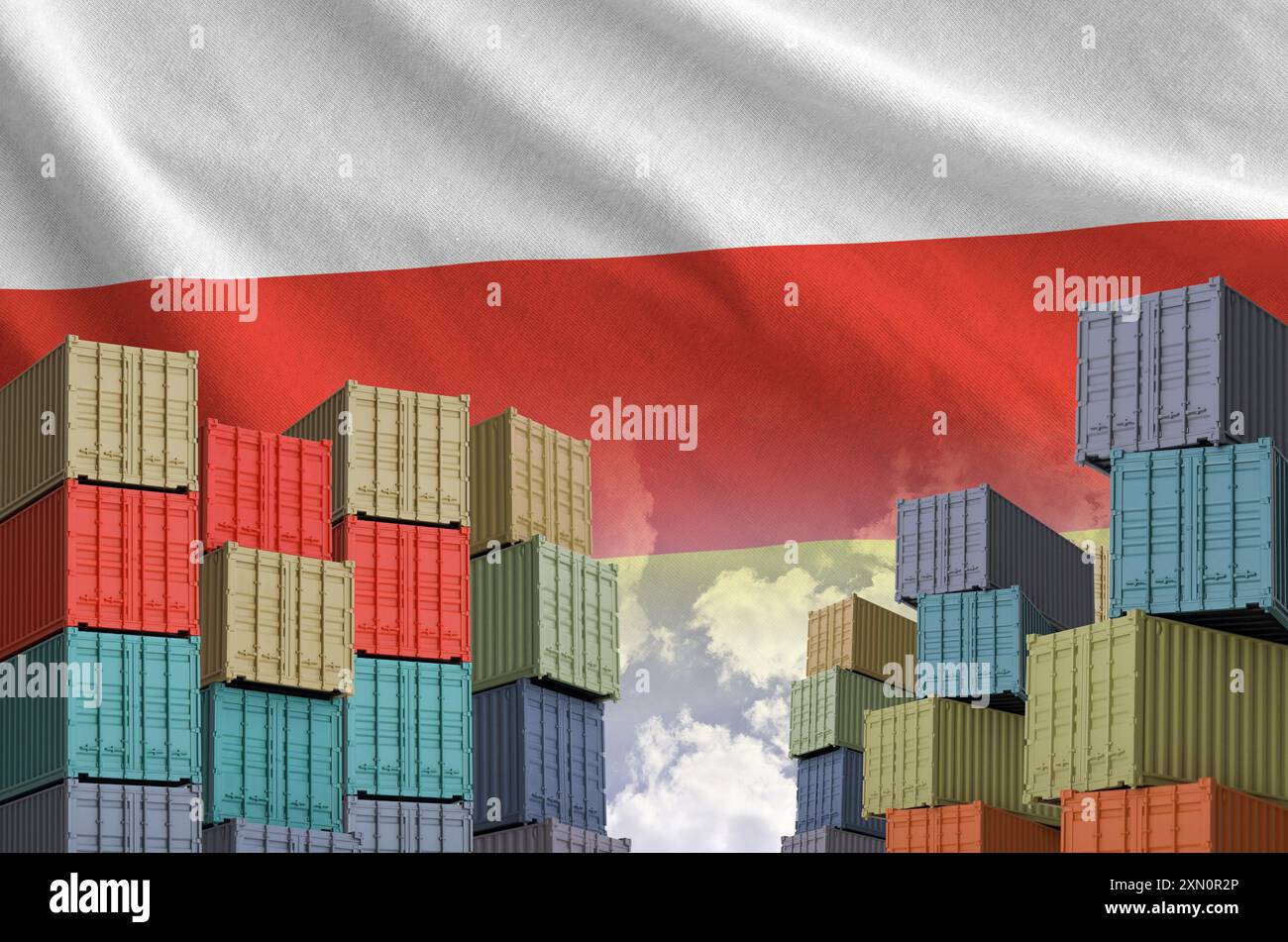 South Ossetia flag and big stack of shipping cargo containers in docks ...