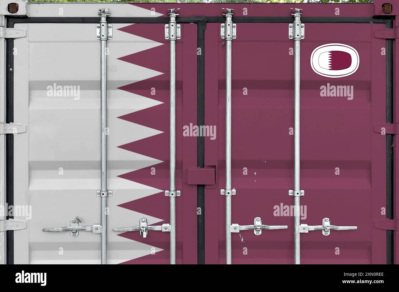 Qatar flag depicted on metal doors of shipping cargo container outdoors ...