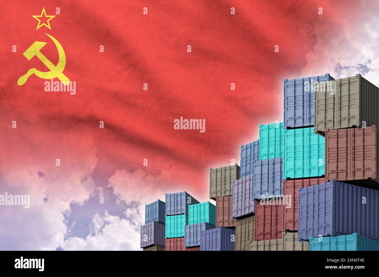 Soviet Union flag and big stack of shipping cargo containers in docks ...