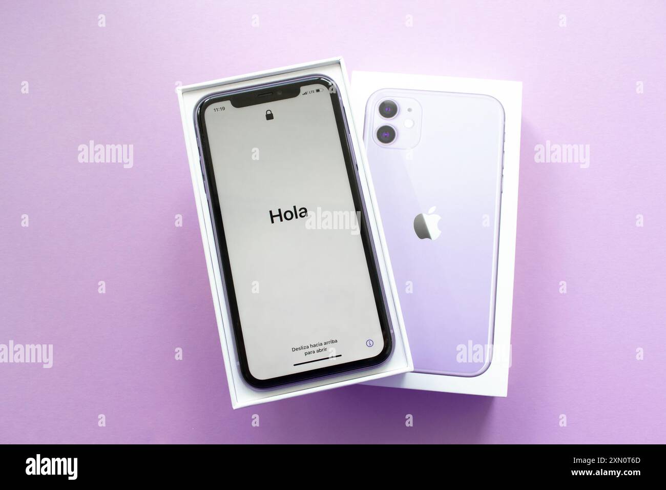 Moscow, Russia, May 2021: new iPhone 12 violet color in open branded ...