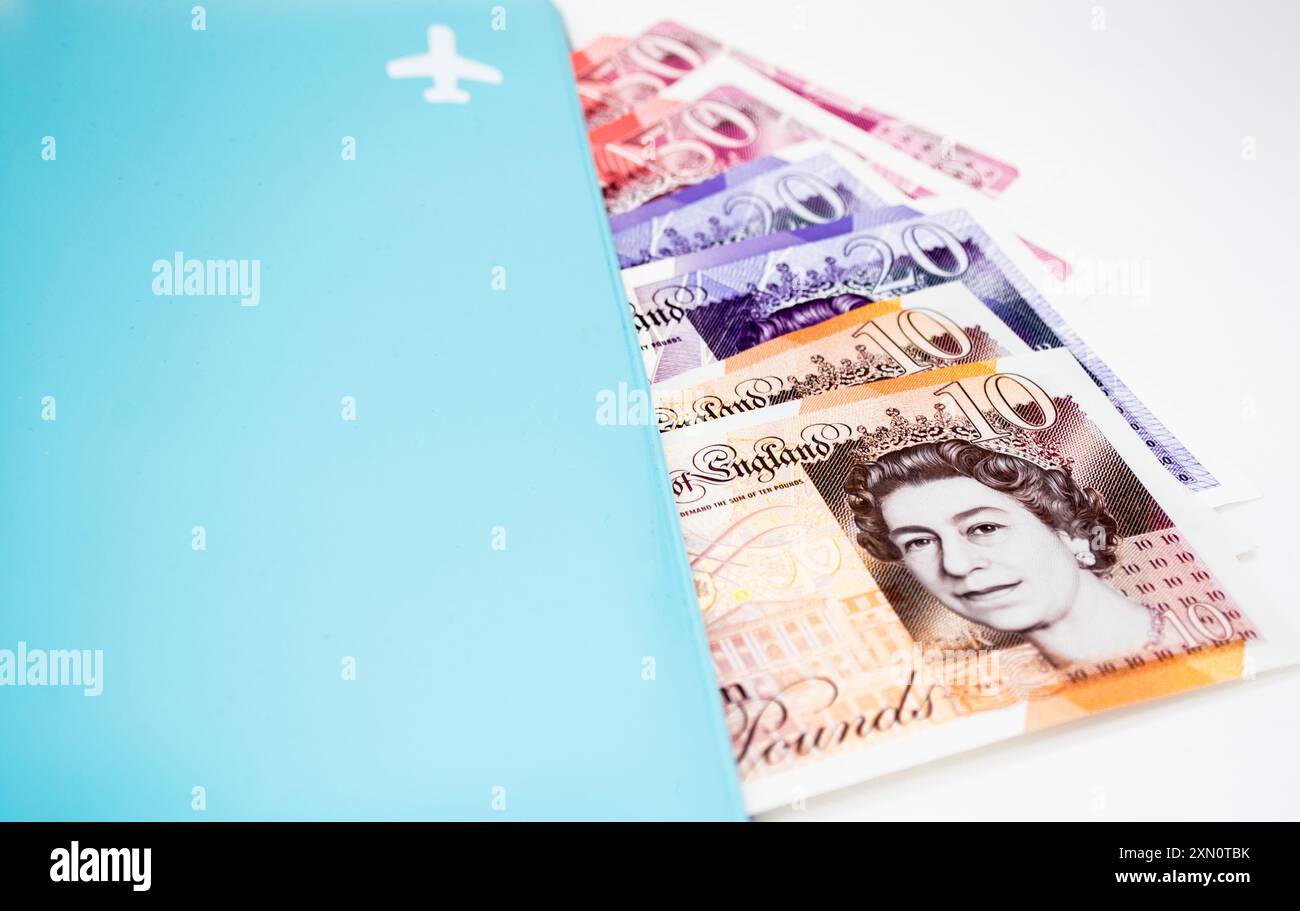 Moscow, Russia, February 2020: A pile of ten, twenty and fifty pound ...