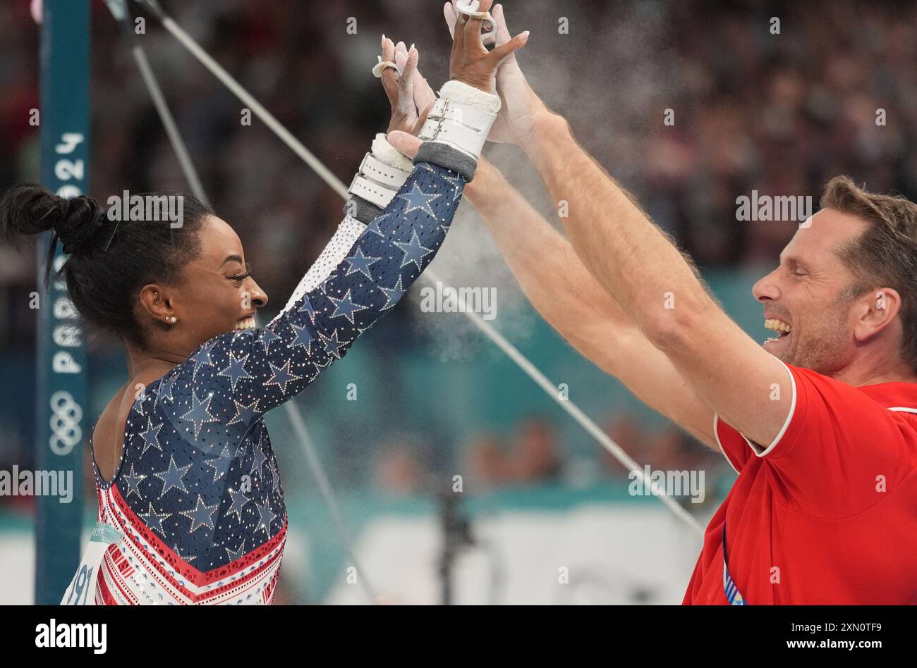 Paris, France. 30th July, 2024. Simone Biles of the U.S. celebrates ...