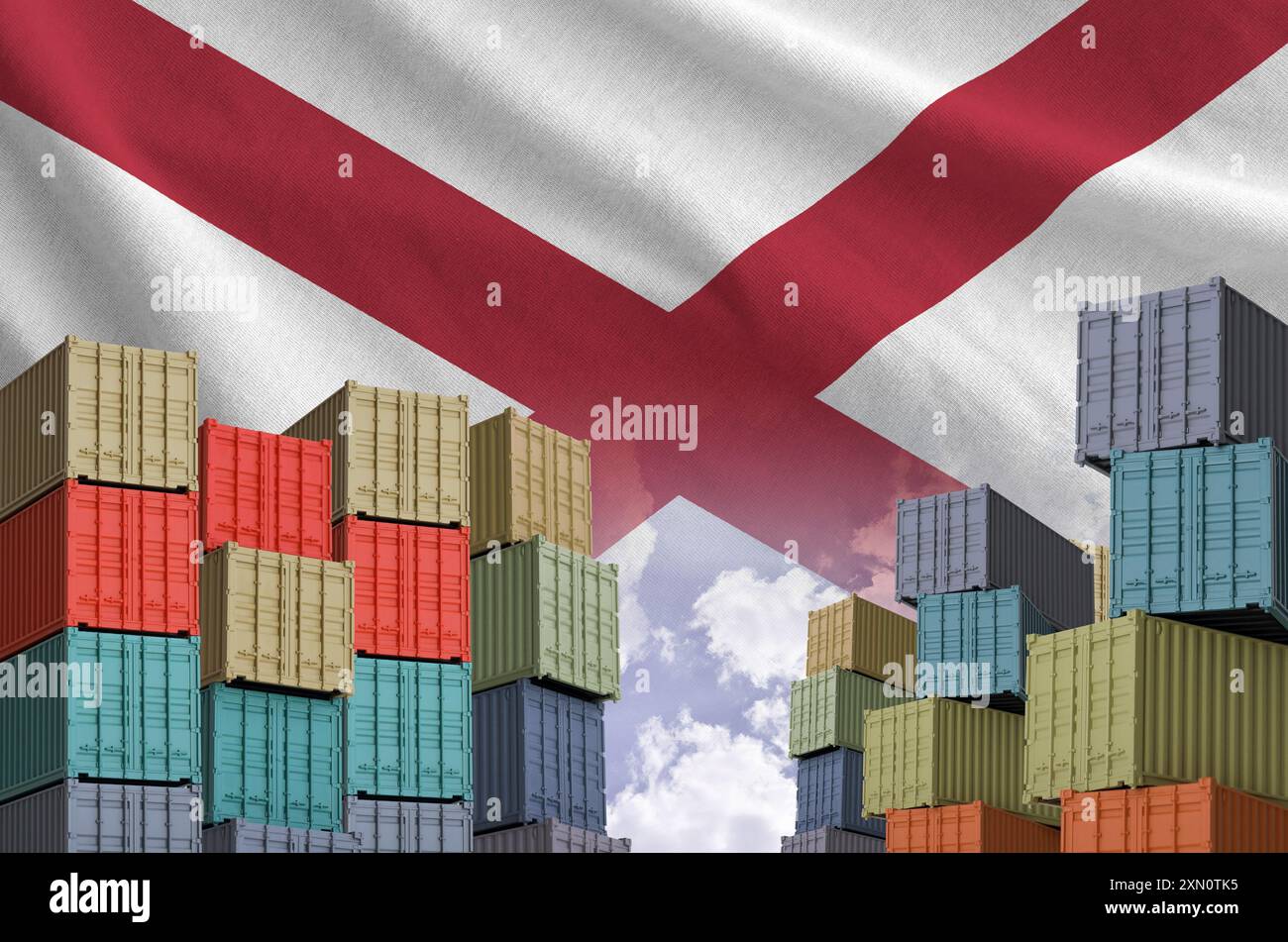 Alabama US state flag and big stack of shipping cargo containers in ...