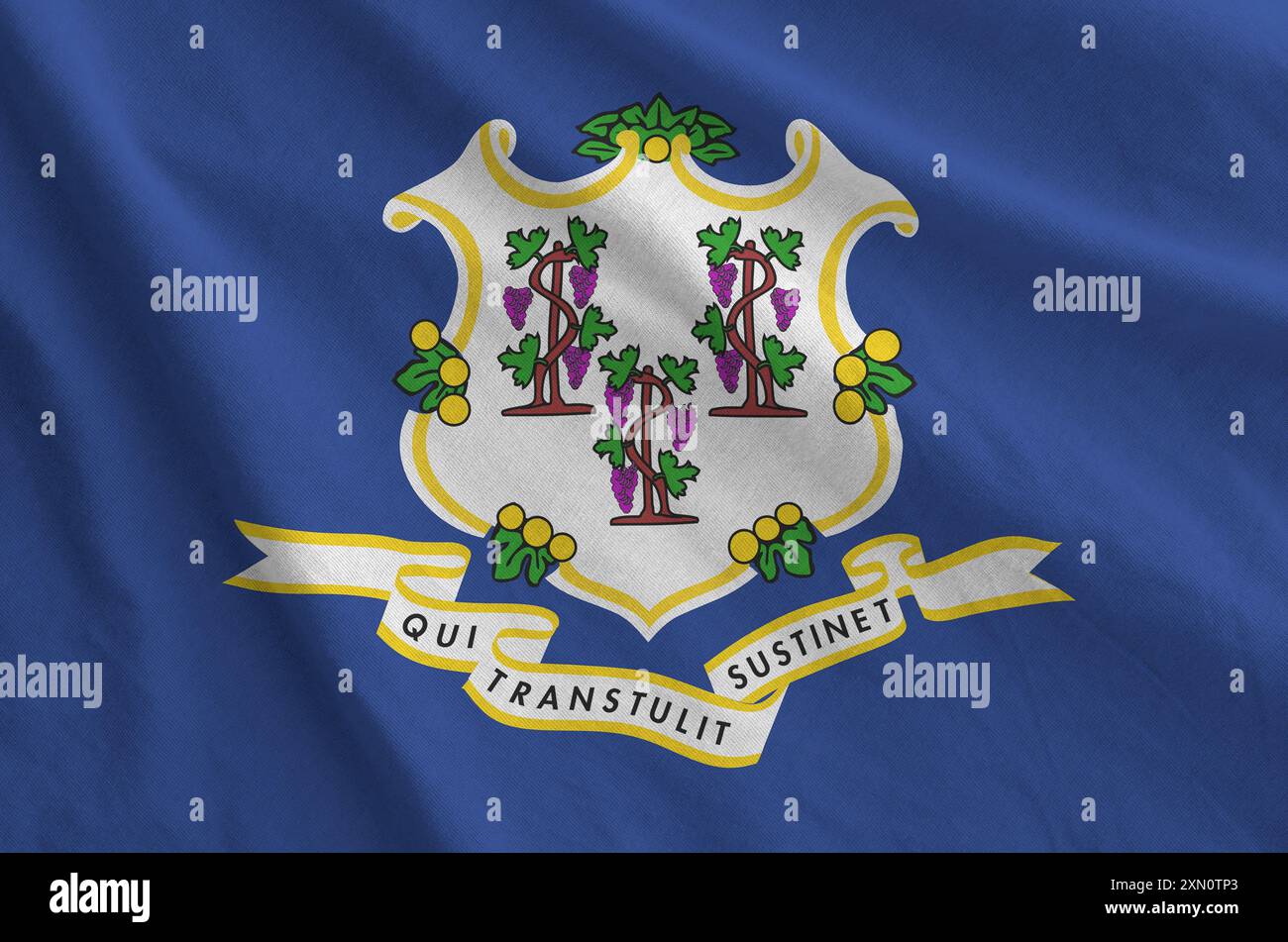 Connecticut US state flag depicted on folded wavy fabric of old cloth ...