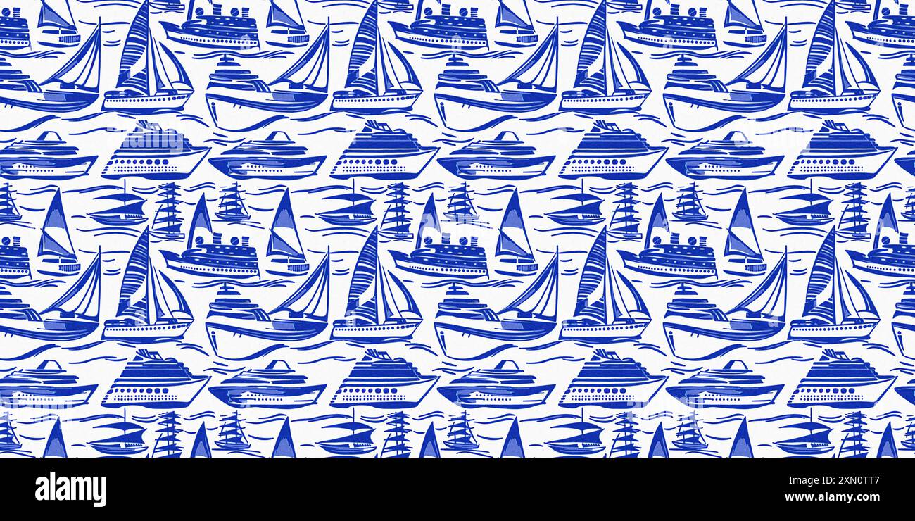 Coastal sail boat in azure ocean blue seamless border background ...