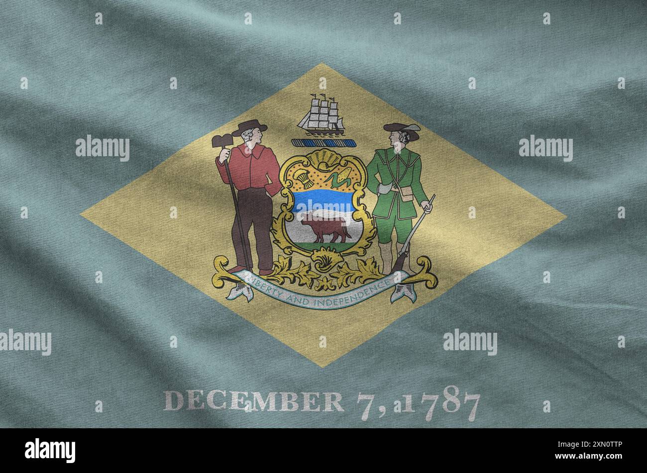 Delaware US state flag depicted on folded wavy fabric of old cloth ...
