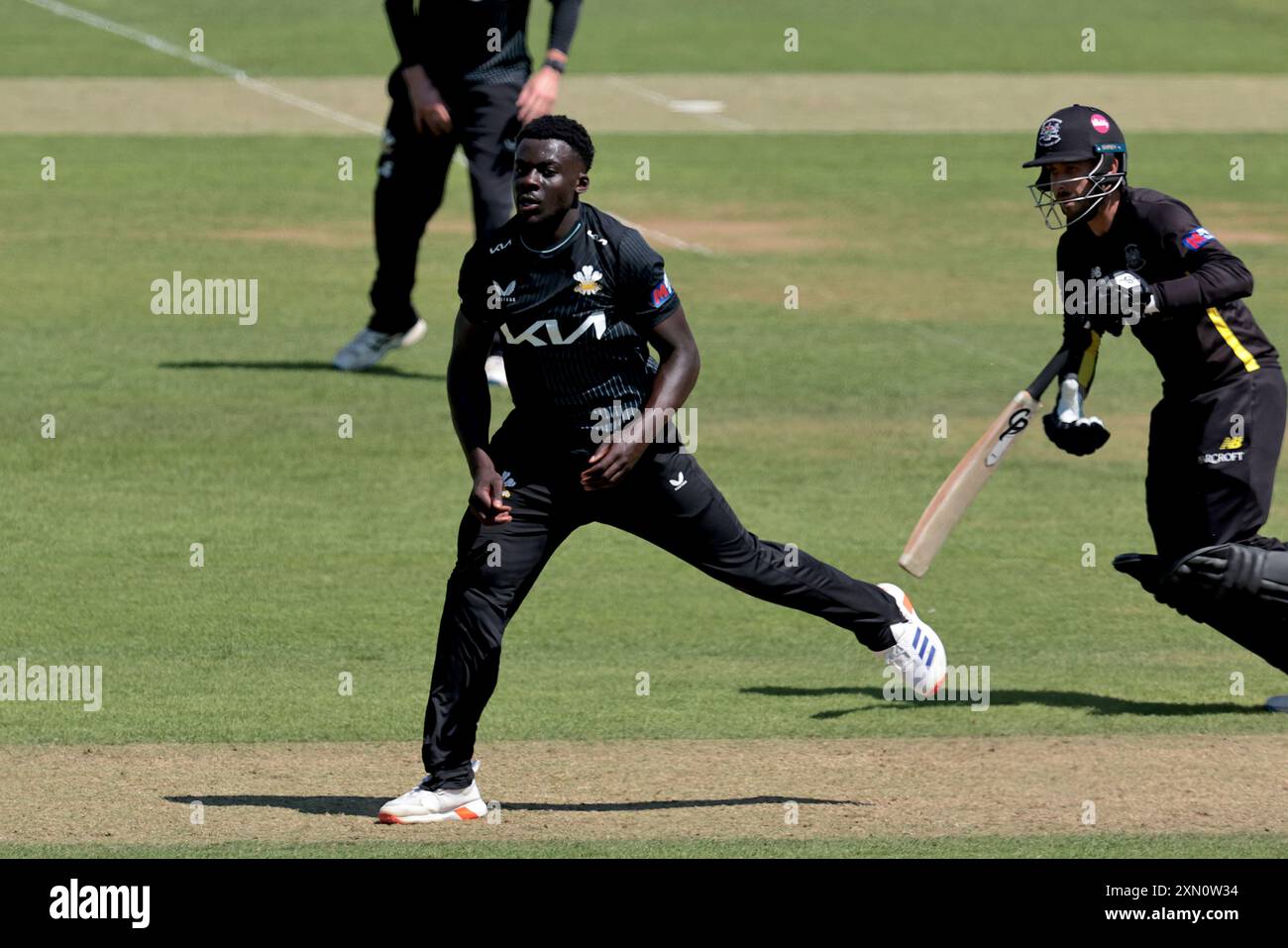London, UK. 30th July, 2024. Surrey's Nathan Barnwell bowling as Surrey ...
