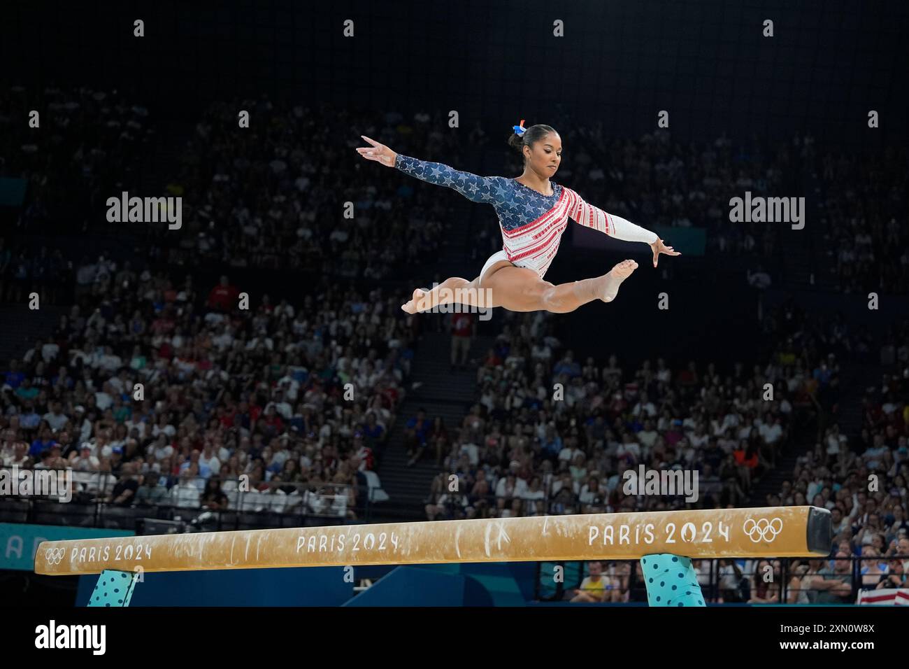 Jordan Chiles, of the United States, performs on the balance beam ...