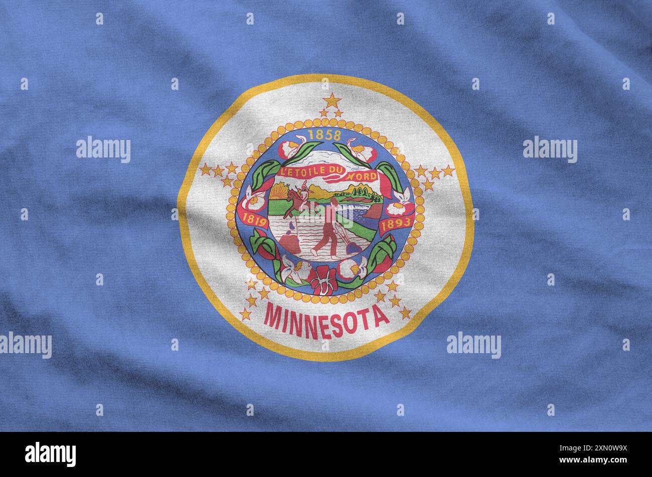 Minnesota US state flag depicted on folded wavy fabric of old cloth ...