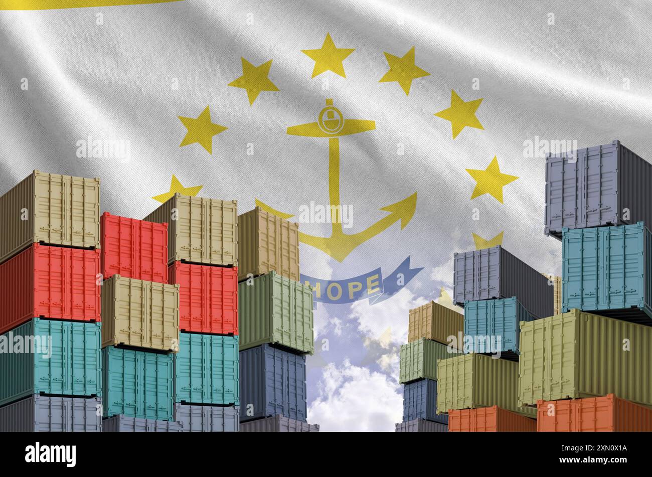 Rhode Island US state flag and big stack of shipping cargo containers ...