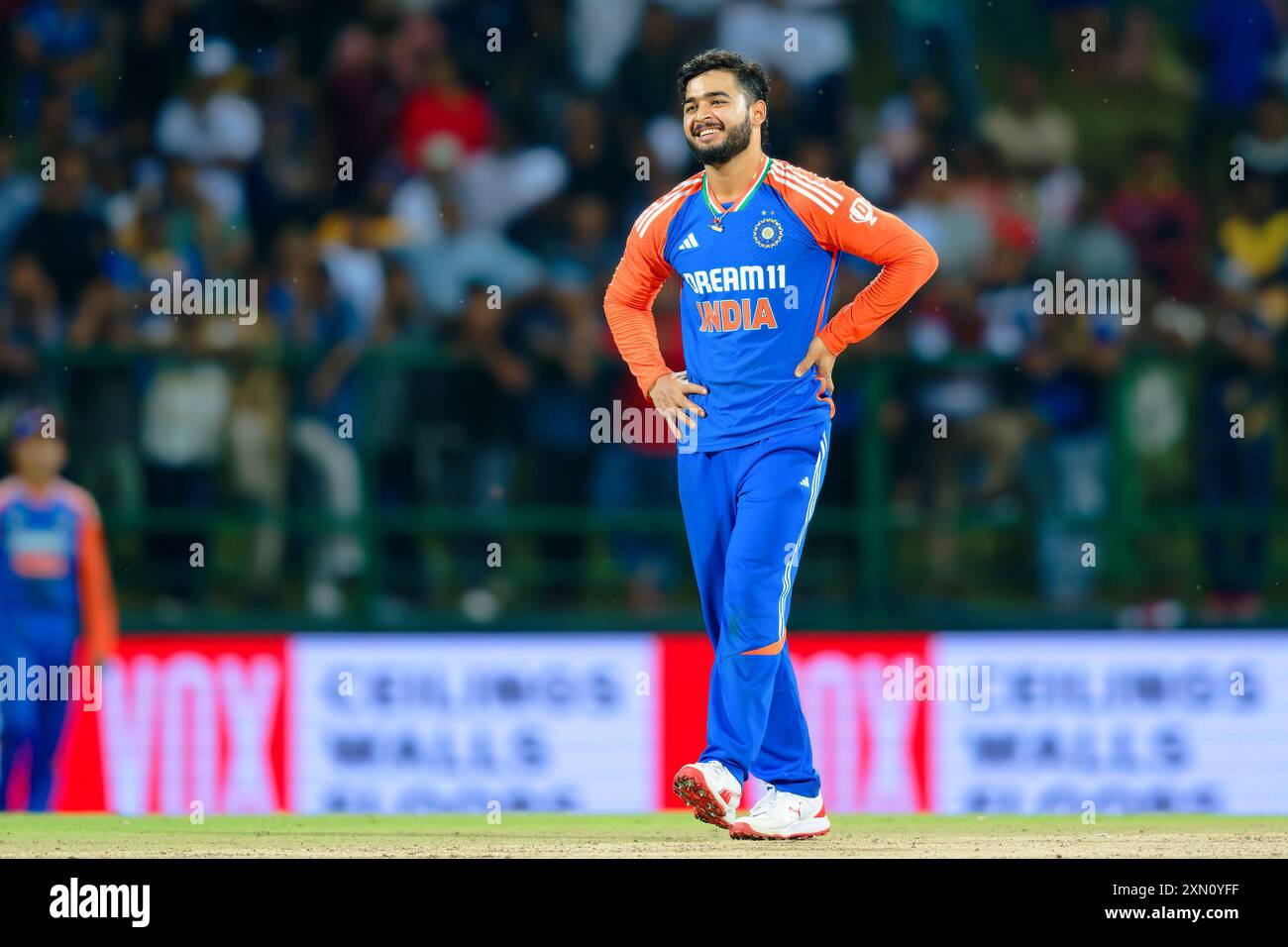 Kandy, Sri Lanka. 30th July 2024. India’s Riyan Parag looks on during ...