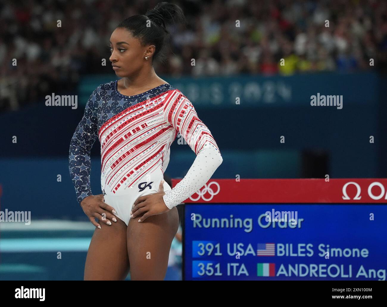 Paris, France. 30th July, 2024. Simone Biles of the U.S. waits to ...
