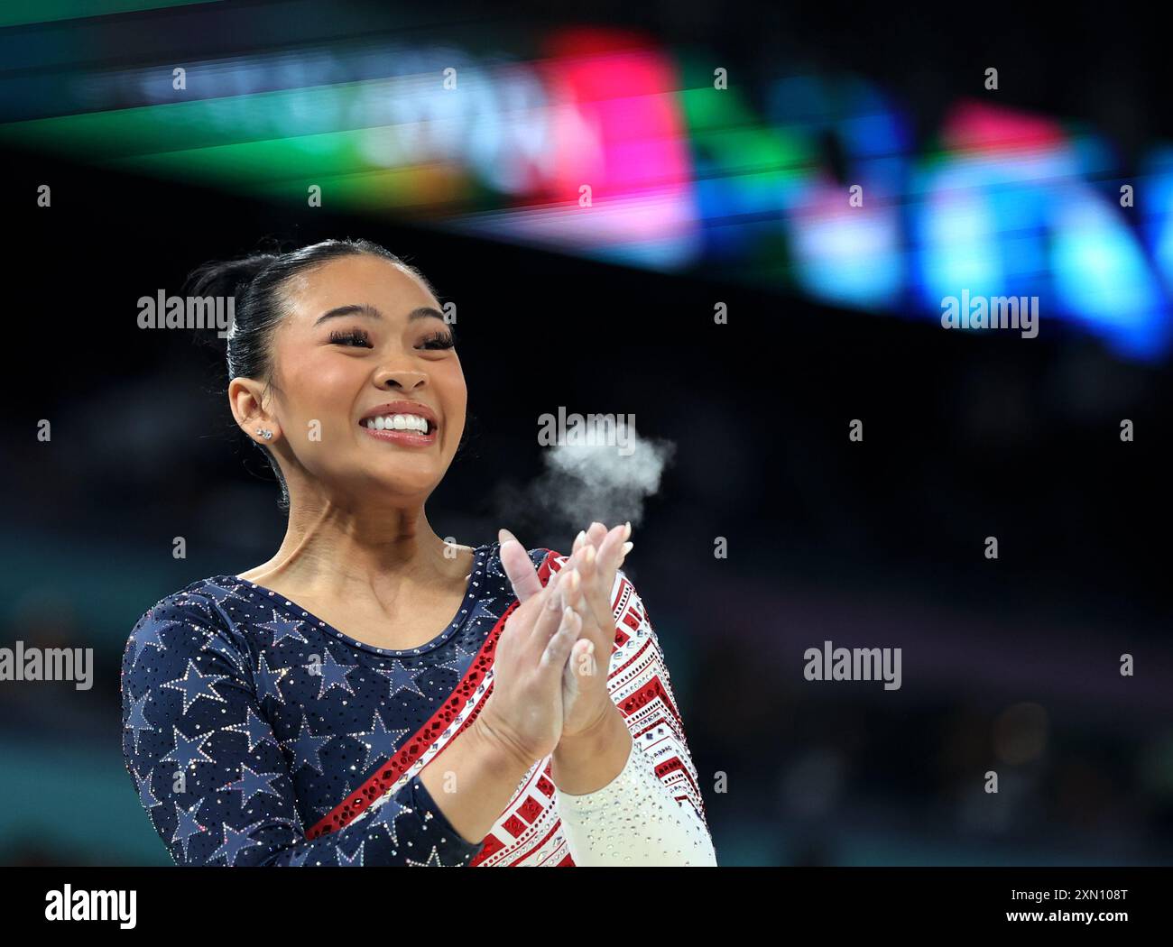 Paris, France. 30th July, 2024. Sunisa Lee of the United States reacts ...