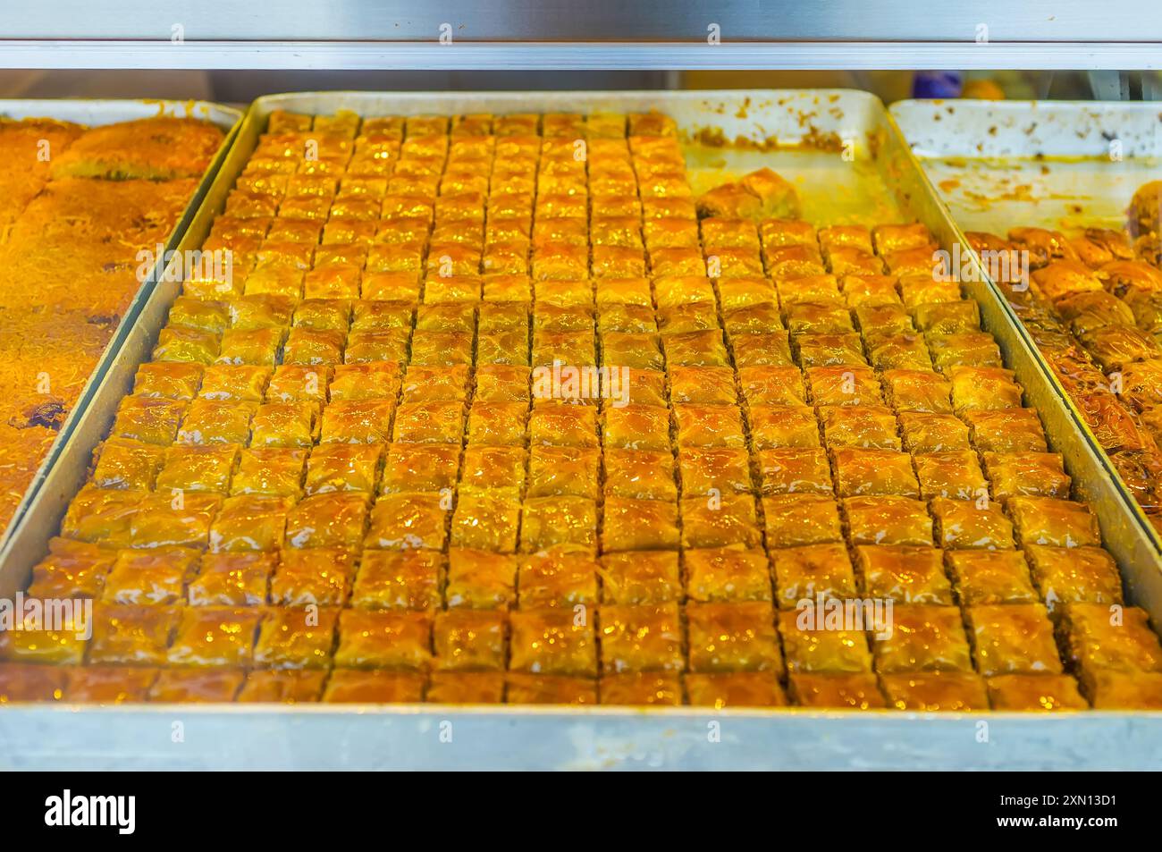 The small squares of tender honey Turkish baklava in stall of Cumartesi ...