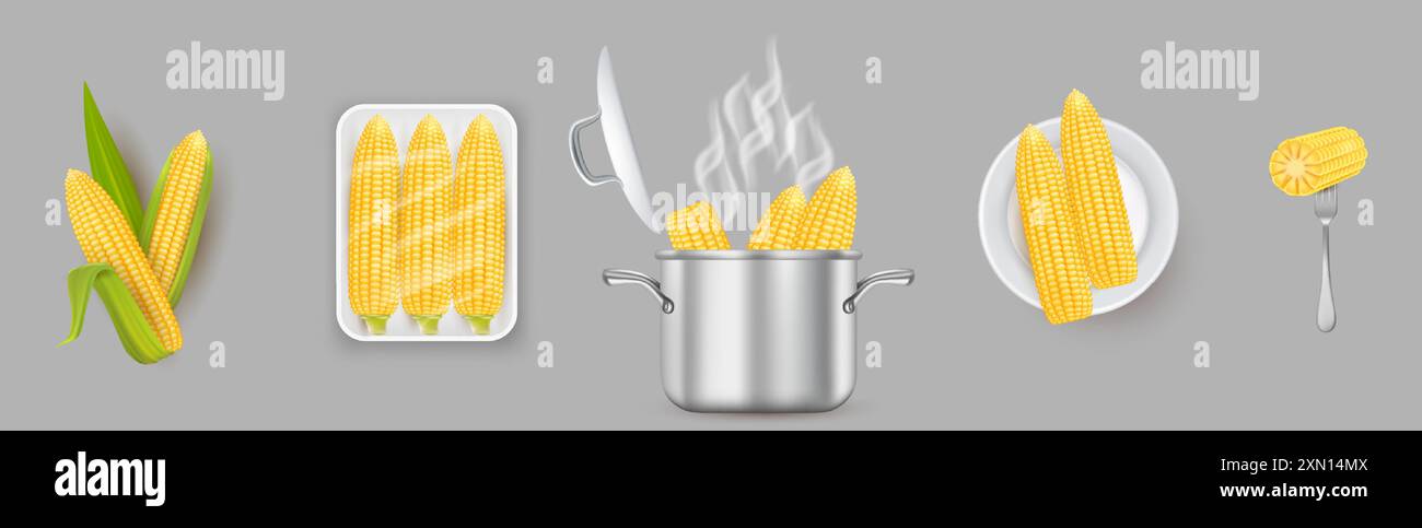 Boiled corn cooking realistic vector illustration set Stock Vector ...