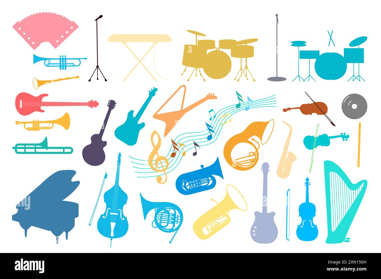 Colorful musical instruments and music notes silhouette Stock Vector ...